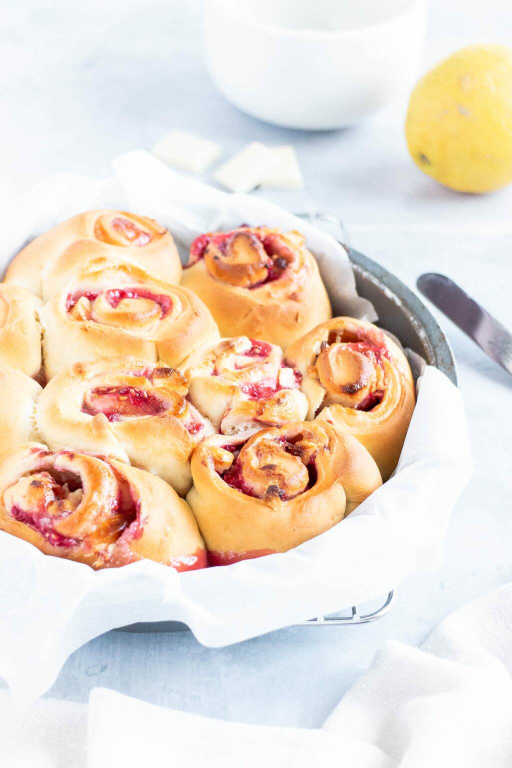 Lemon Raspberry Swirl Rolls - Crumbs and Corkscrews