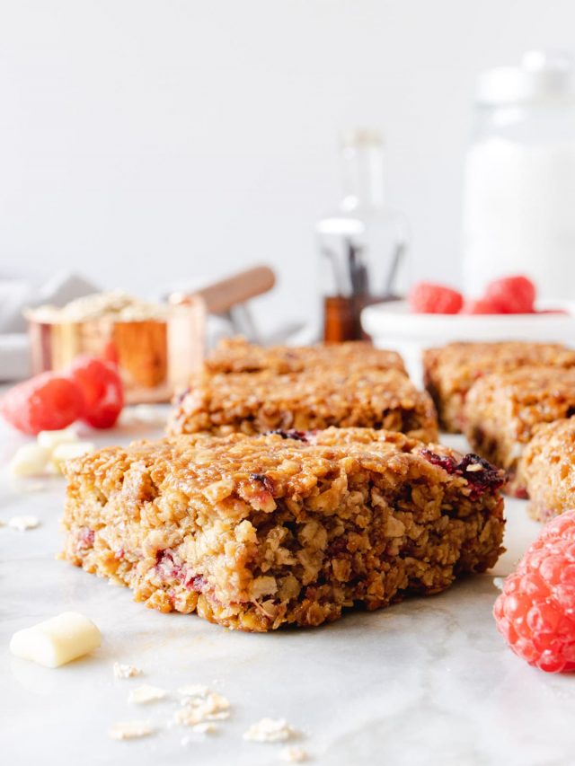 Raspberry White Chocolate Flapjacks - Crumbs and Corkscrews